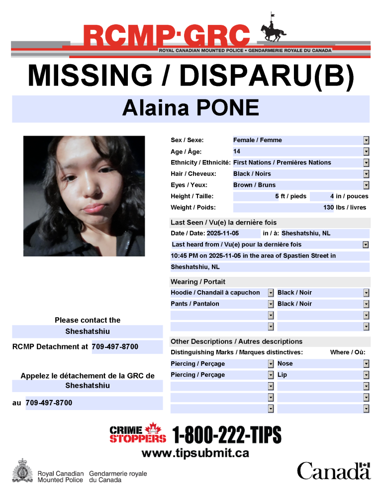 Sheshatshiu RCMP asking for assistance locating Alaina Pone - NTV ...